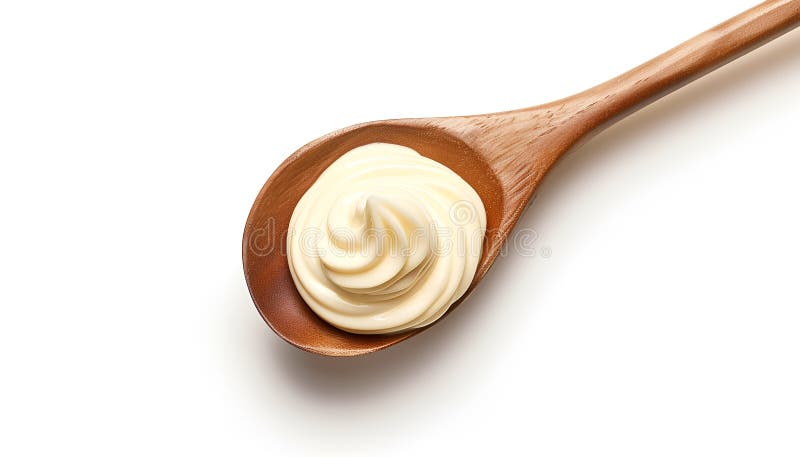 Spoon with Tasty Mayonnaise Isolated on White, Top View Stock Image ...