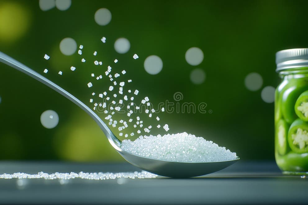 Spoon Tilted Mid-air As Sugar Crystals Float, Creating Dynamic Movement ...