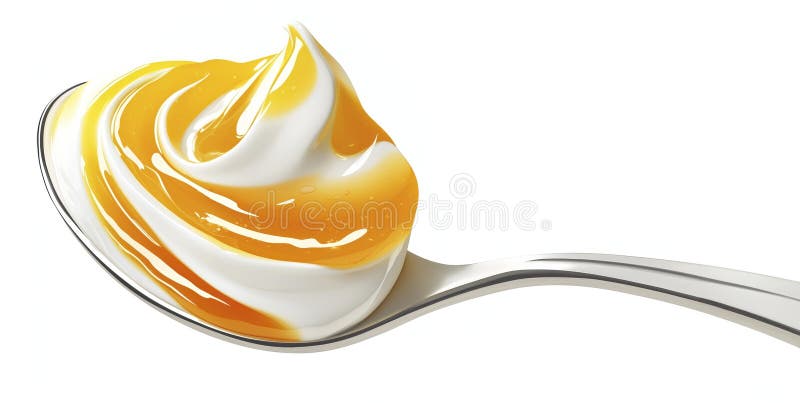 Spoon with Whipped Cream and Syrup Isolated on White Background Stock ...