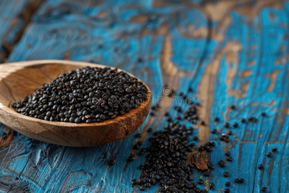 A Spoonful of Black Seeds is on a Wooden Table Stock Image - Image of ...