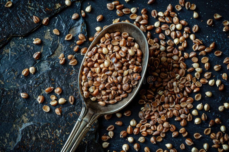A Spoonful of Brown Seeds is Spread Out on a Black Surface Stock Photo ...