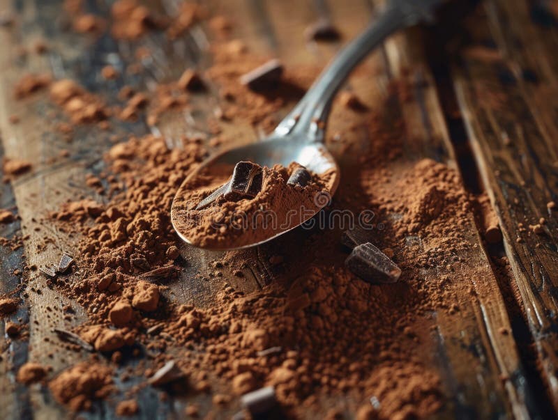 A Spoonful of Chocolate Powder is on a Wooden Table Stock Photo - Image ...