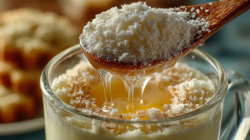 A Spoonful of Powdered Milk Falling into a Bubbling Glass Jar, Creating ...