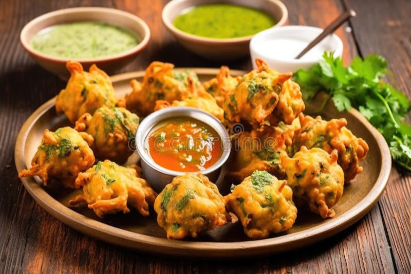 Spooning Chutney Onto a Plate of Vegetable Pakoras Stock Image - Image ...