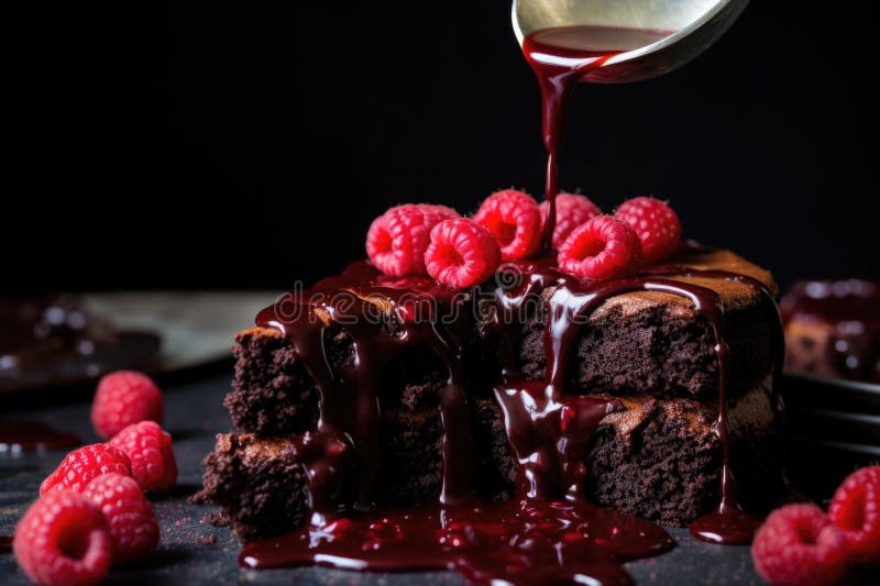 Spooning Raspberry Sauce Onto a Slice of Chocolate Cake Stock ...