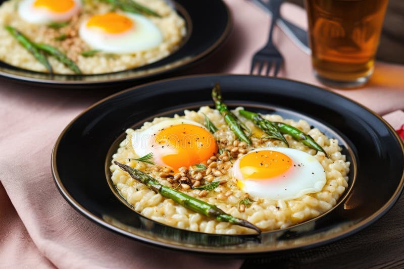 Spooning Risotto with Cut Asparagus and Cooked Quail Eggs Onto a Plate ...