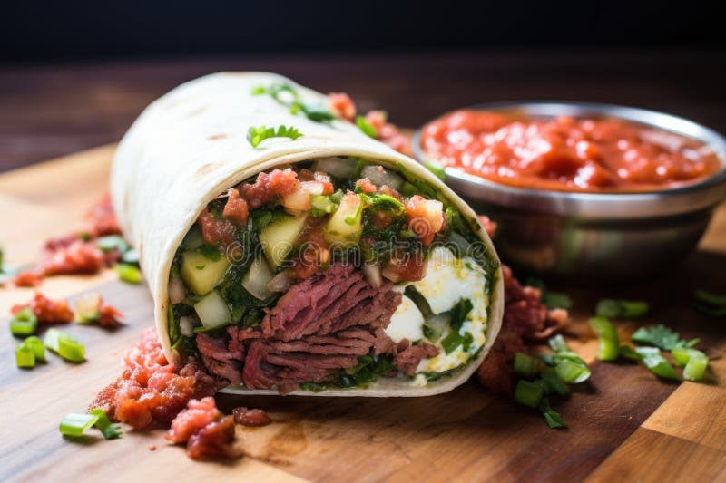 Spooning Salsa on a Prepped Breakfast Burrito Stock Photo - Image of ...