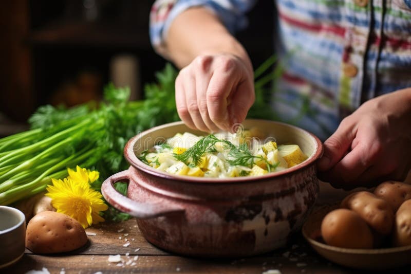 Spooning a Second Helping of Corn Chowder into a Rustic Ceramic Bowl ...