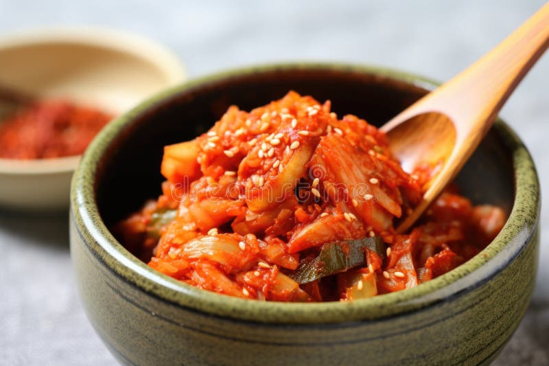 Spooning Spicy Red Kimchi Onto Plain Rice Bowl Stock Image - Image of ...