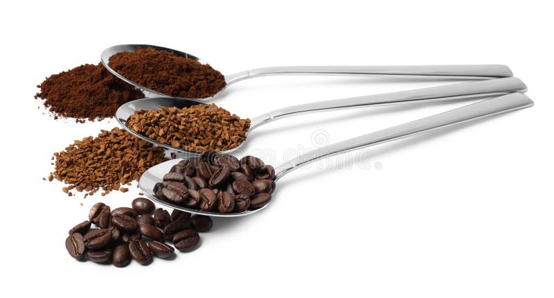 Spoons of Beans, Instant and Ground Coffee on White Background Stock ...