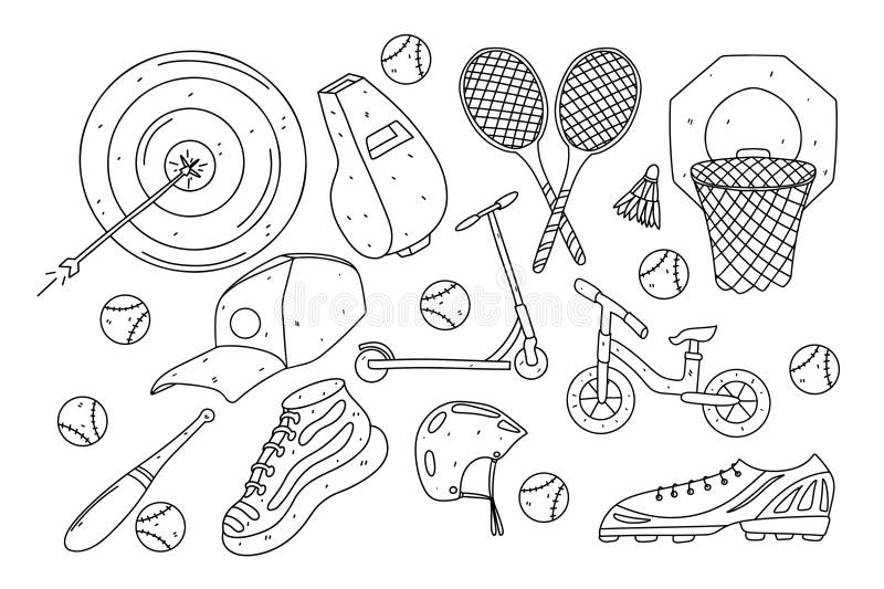 Sport Elements Set in Hand Drawn Doodle Style. Vector Illustration ...