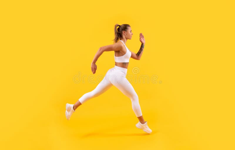 Sport Girl Runner Running on Yellow Background Stock Photo - Image of ...