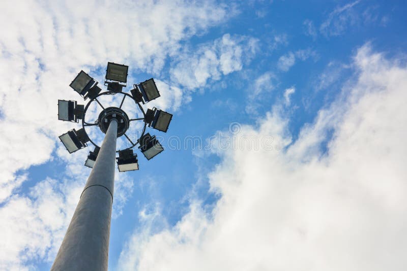 Sport Light Post with Cloud and Blue Sky Background Stock Image - Image ...