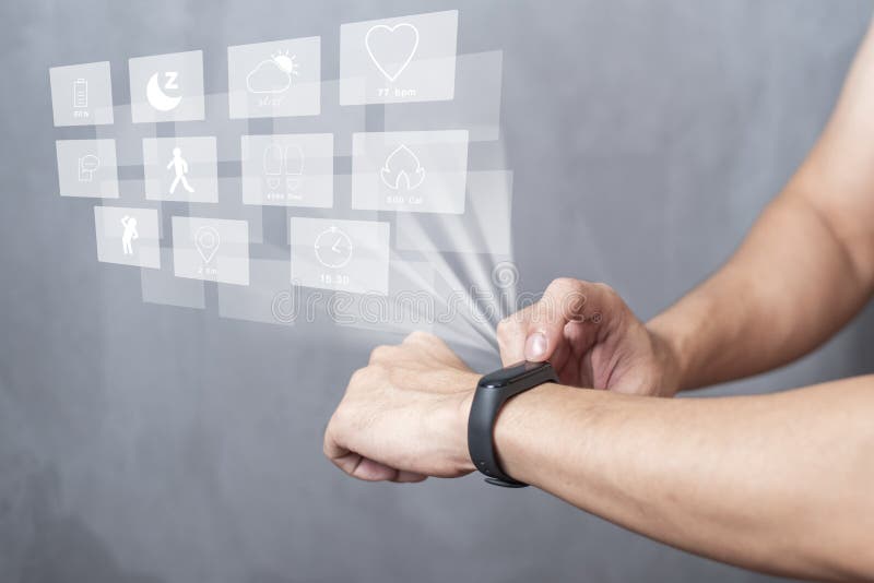 A Sport Man is Using Smart Band with Virtual Screen Device Stock Photo ...