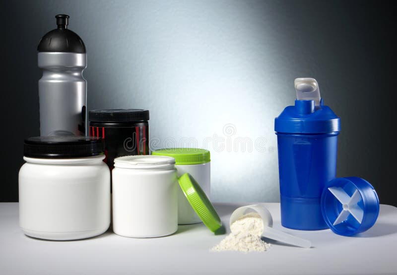 Sport Nutrition Supplement Containers with Shaker Stock Image - Image ...
