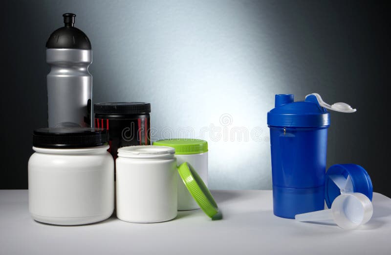 Sport Nutrition Supplement Containers with Shaker Stock Photo - Image ...