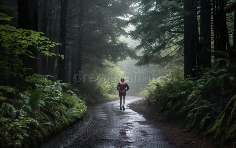 Daily Sport Routine. Athlete Runner, Forest Trail in the Rain. Back ...