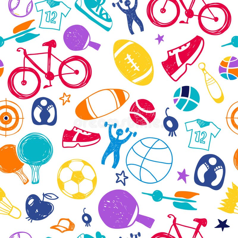 Sport Sketch Pattern. Hand Drawn Sports Equipment. Stock Vector ...