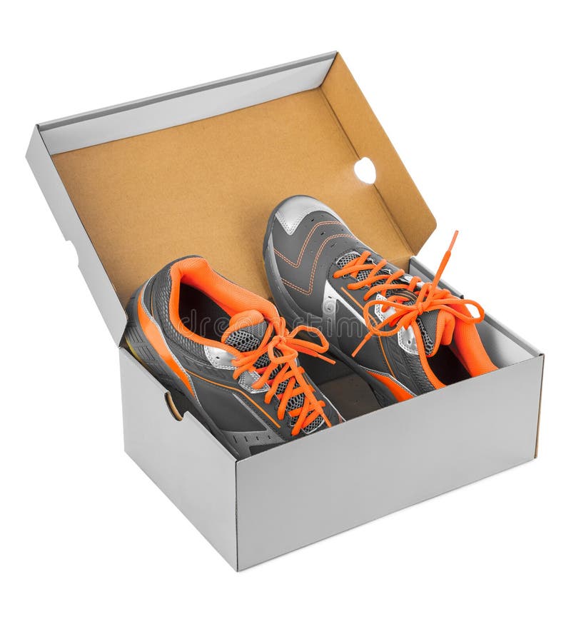 Sport sneakers in box stock photo. Image of leather, gray - 74618658