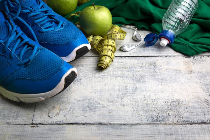 Sport Stuff on Wooden Table, Top View Stock Image - Image of light ...