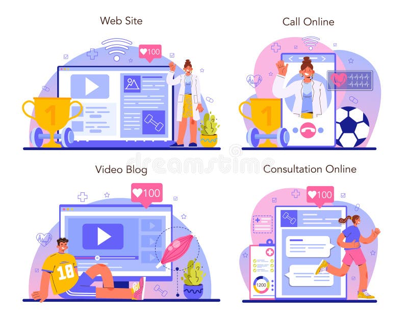 Sport Therapy Online Service or Platform Set. People Doing Sport ...