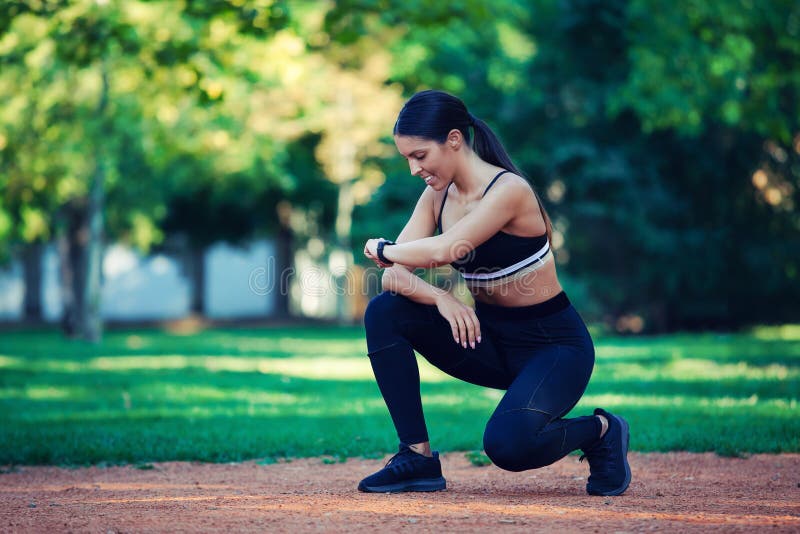 Sport Watch Run Woman Checking Smartwatch Tracker. Stock Image - Image ...