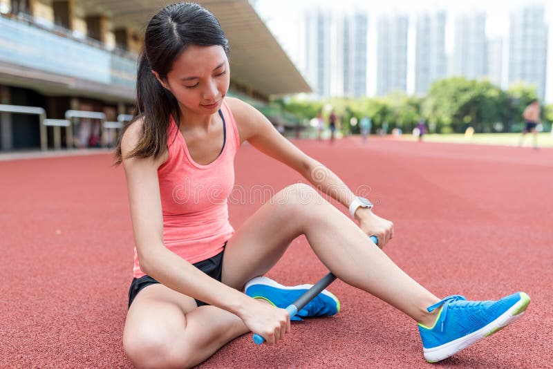 Sport Woman Using Roller Stick in Stadium Stock Image - Image of runner ...
