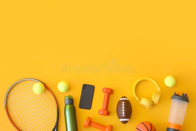 Set of Sport Equipment on Color Background Stock Photo - Image of ...