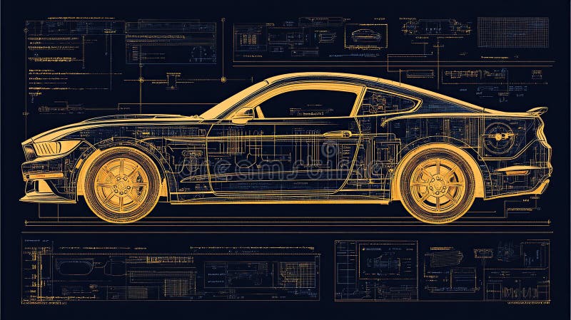 Sportive Car Design Overlaid with Detailed Technical Schematics ...