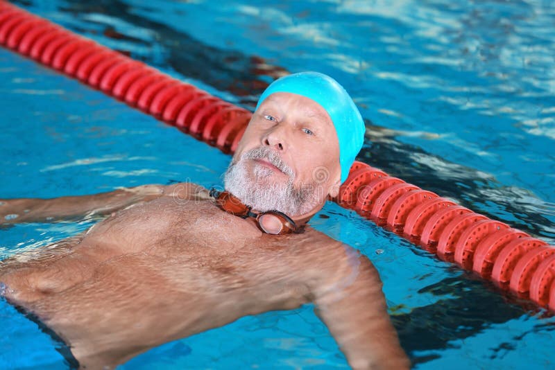 Sportive Senior Man in Indoor Pool Stock Image - Image of exercise ...