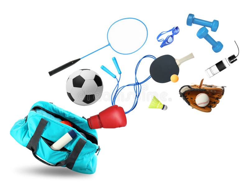 Sports Bag and Different Gym Stuff Flying on White Background Stock ...