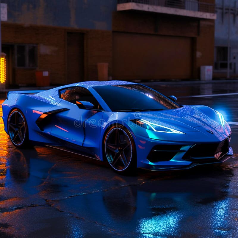 Sports Blue Car on the Night Streets Stock Photo - Image of background ...