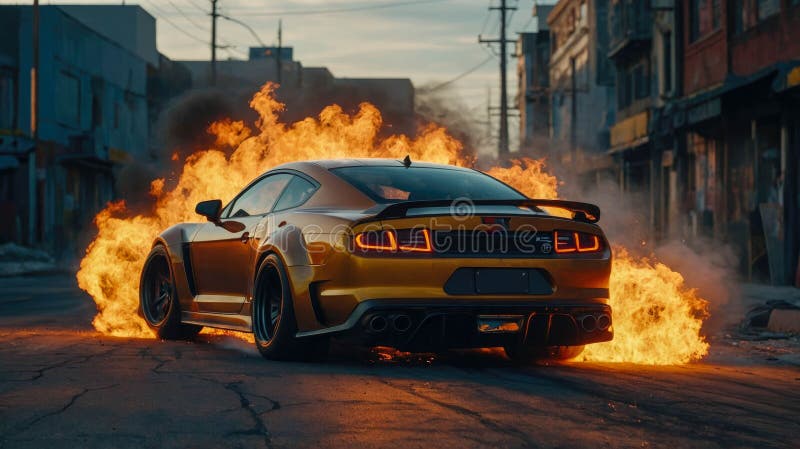 A Sports Car Performing a Drift in an Industrial Setting with Smoke and ...