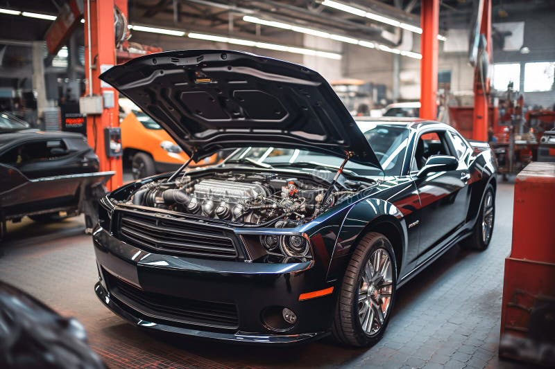 A Sports Car Under Repair in a Workshop. Mechanic Examines the Engine ...