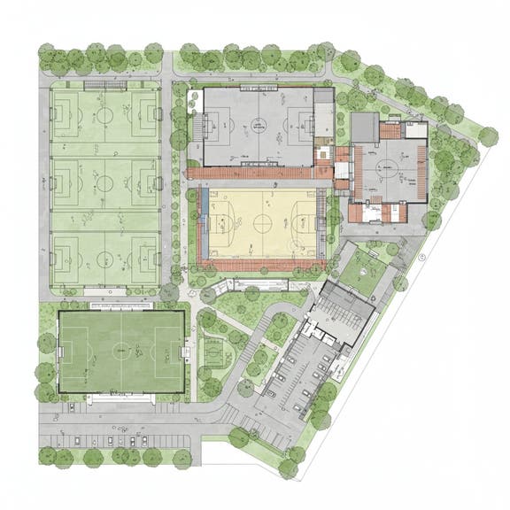 Sports Complex Layout Depicting Multiple Rectangular Fields and Courts ...