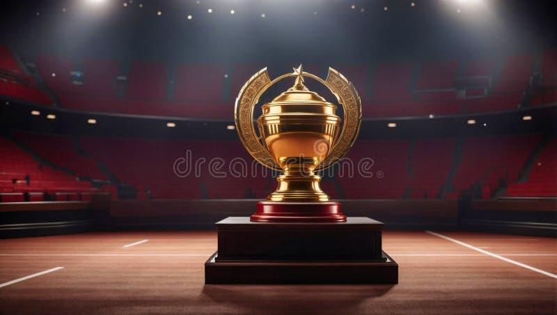 A Sports Cup Trophy Displayed in Front of an Empty Stadium ...