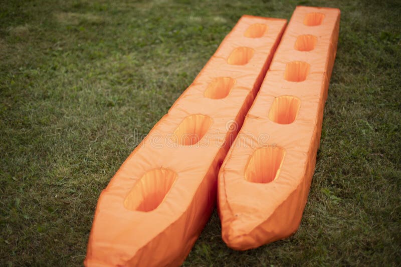 Sports Equipment at Stadium. Soft Mats for Sports Game Stock Photo ...