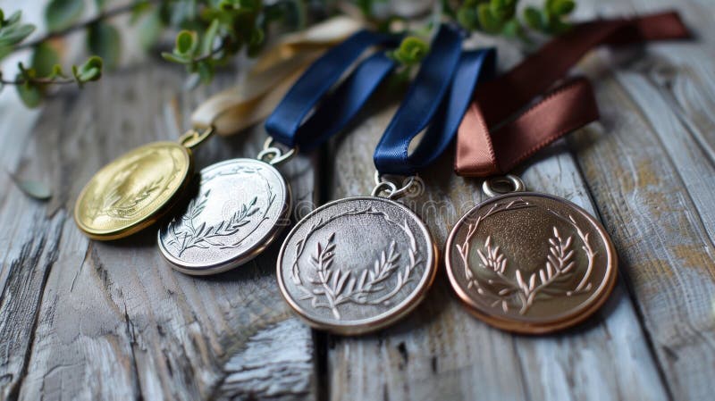 Sports Medals in Gold, Silver, and Bronze Displayed on a Rustic Surface ...