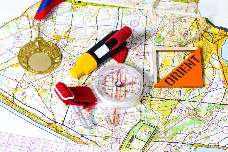 Sports Orientation Concept: Compass Chip Prism Card and Medal Stock ...