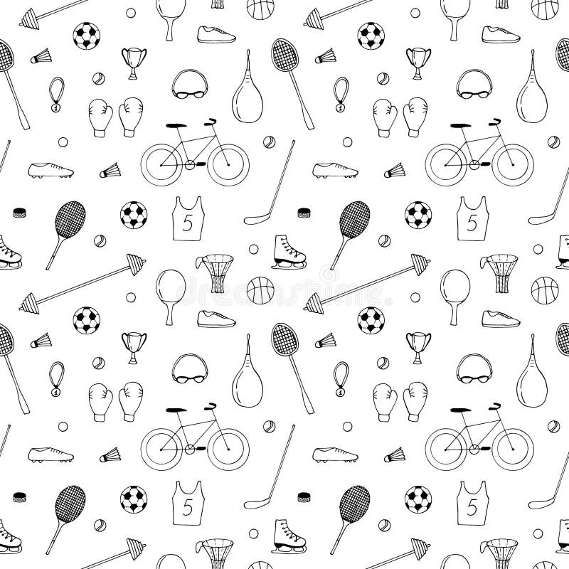Sports Seamless Pattern Vector Illustration, Hand Drawing Doodles Stock ...