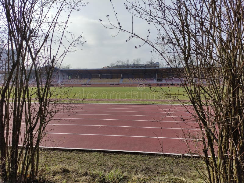 Sports Stadium with Running Tracks in Spring Stock Photo - Image of ...