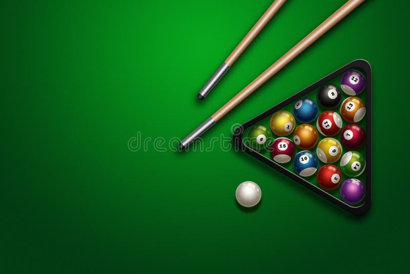 Sports Theme with Billiards, a Full Set of Billiard Balls, Cue, on a ... Sports Theme with Billiards, a Full Set of Billiard Balls, Cue, on a ...