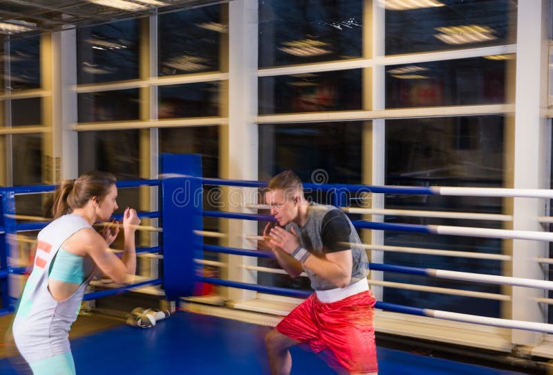 Sporty Couple in Action Practicing Boxing in a Boxing Ring Stock Image ...