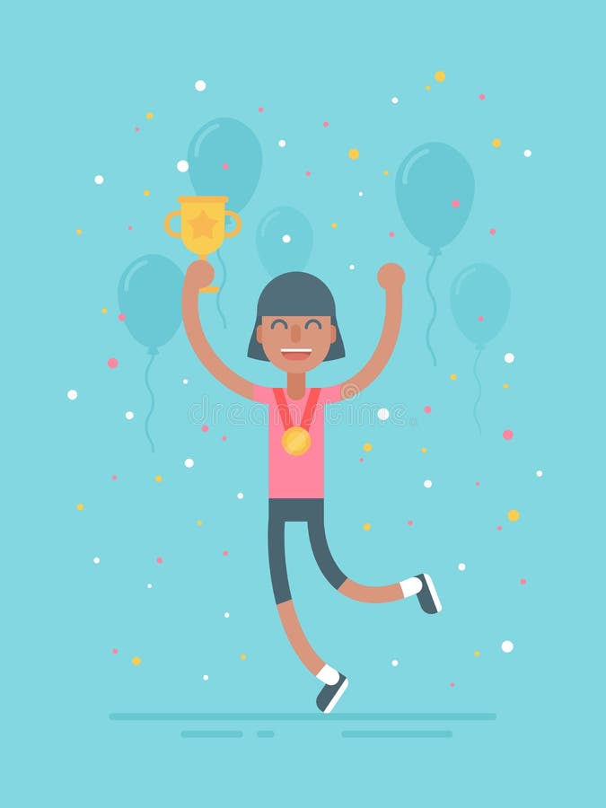 Girl Winner Trophy Cartoon Illustration Stock Vector - Illustration of ...