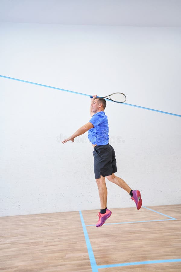 Sporty Jumping Man Training Enjoying Squash Game Stock Image - Image of ...