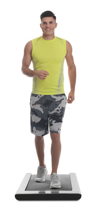 Sporty Man Using Walking Treadmill on White Background Stock Image ...