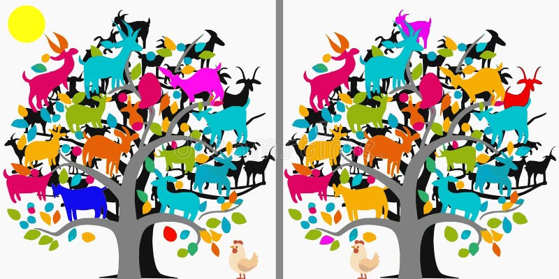 Spot Difference Goats in Trees with Sun and Chicken Vector Graphics ...