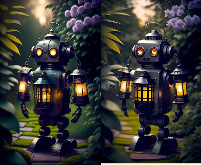 Spot the Difference Steampunk Robot Lantern in Night Garden ...