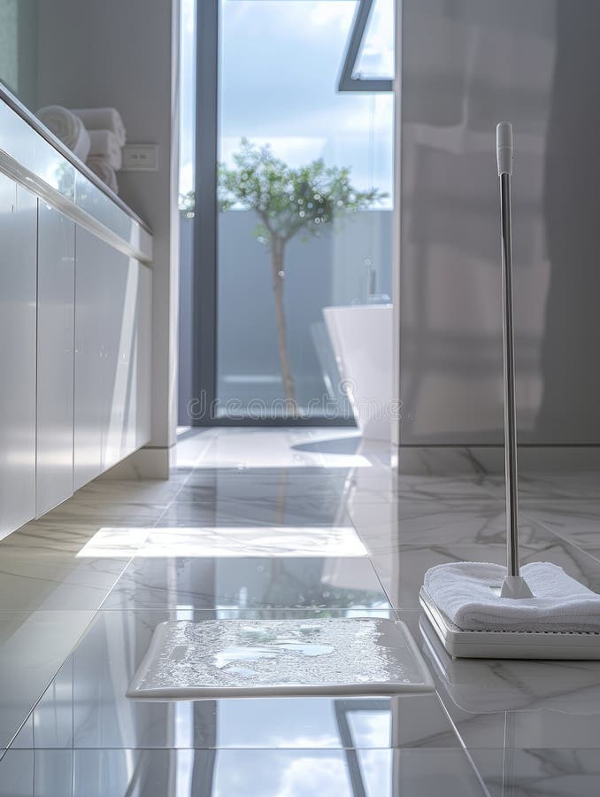 Spotless Bathroom with Mop, Sunlight Reflecting on Clean Floor. Stock ...