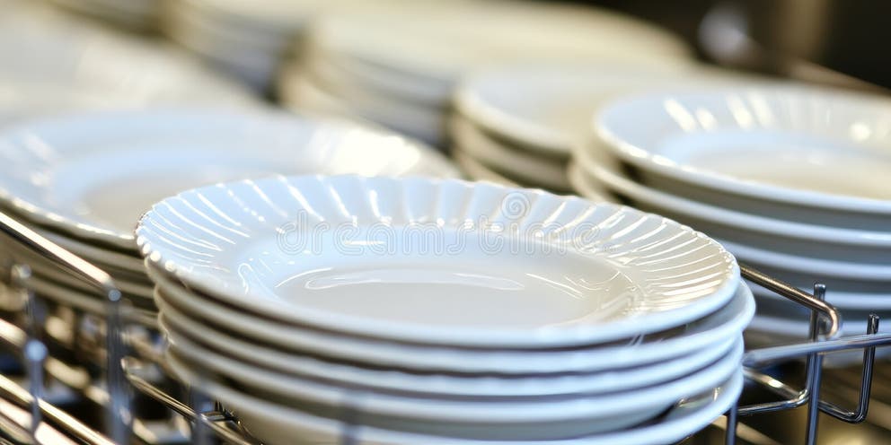 Spotless and Shiny a Stack of White Plates Drying Inside a Dishwasher ...